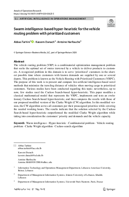 Pdf Swarm Intelligence Based Hyper Heuristic For The Vehicle Routing Problem With Prioritized 6735
