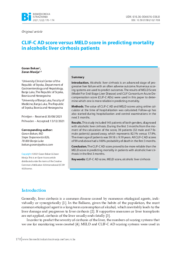 (PDF) CLIF-C AD vs MELD in Alcoholic Cirrhosis Mortality