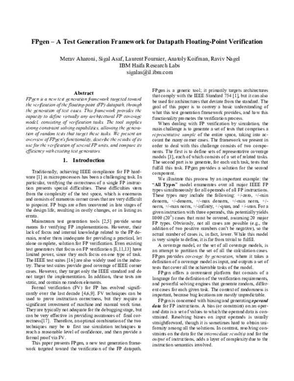Pdf Fpgen A Test Generation Framework For Datapath Floating Point Verification