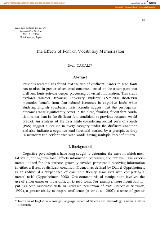 (PDF) The Effects of Font on Vocabulary Memorization