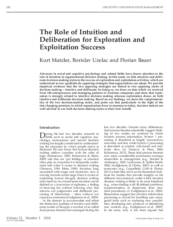 (PDF) The Role of Intuition and Deliberation for Exploration and Exploitation Success