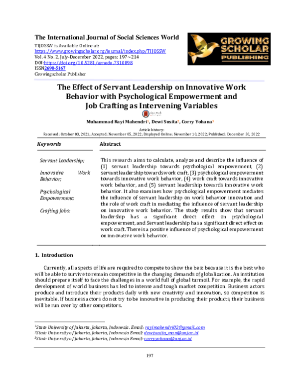 (PDF) The Effect of Servant Leadership on Innovative Work Behavior with ...