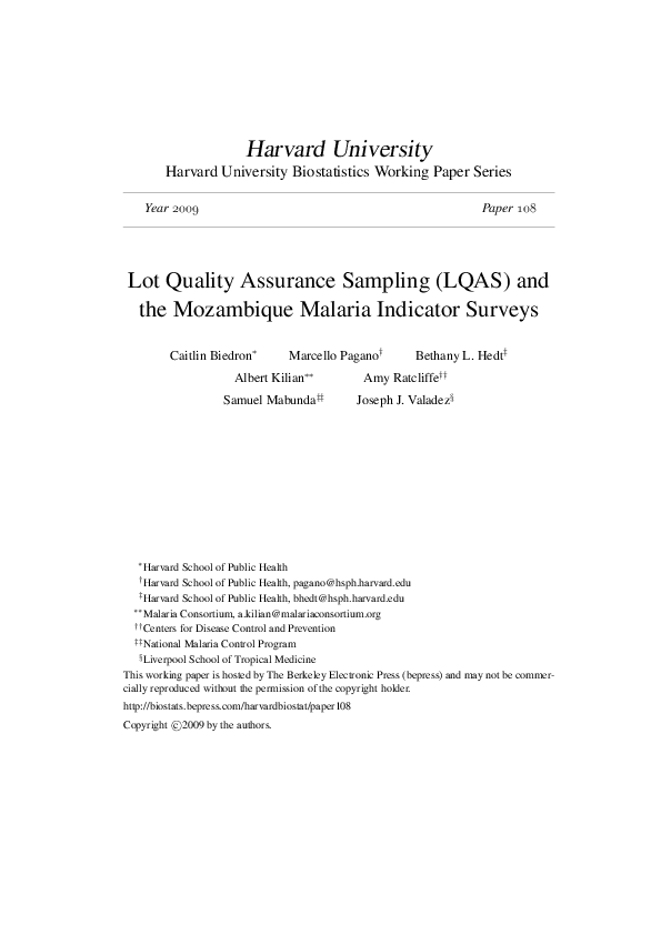 (PDF) Lot Quality Assurance Sampling (LQAS) and the Mozambique Malaria ...