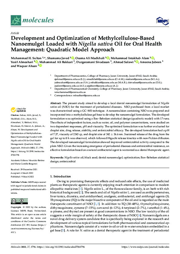 Pdf Development And Optimization Of Methylcellulose Based Nanoemulgel Loaded With Nigella