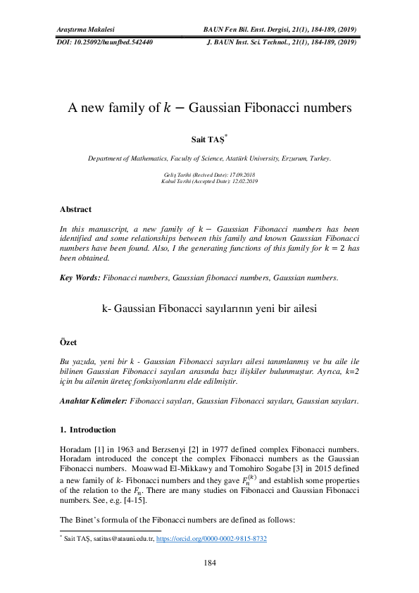 (PDF) k- Gaussian Fibonacci sayılarının yeni bir ailesi