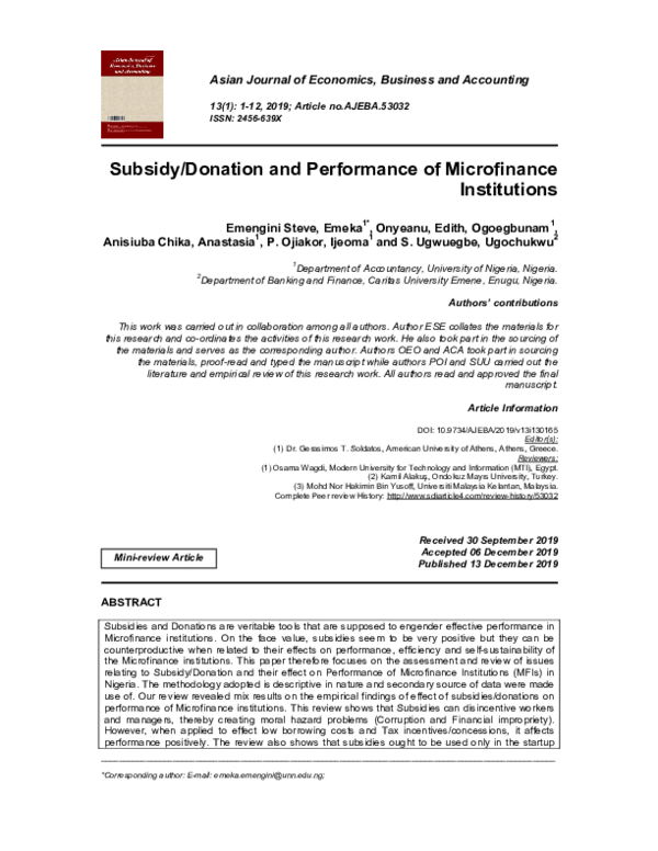 (PDF) Subsidy/Donation and Performance of Microfinance Institutions