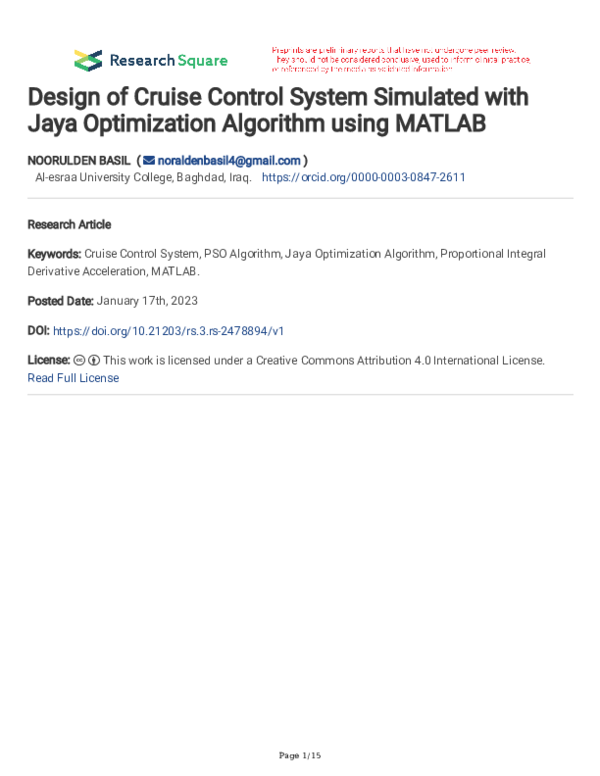Pdf Design Of Cruise Control System Simulated With Jaya Optimization Algorithm Using Matlab