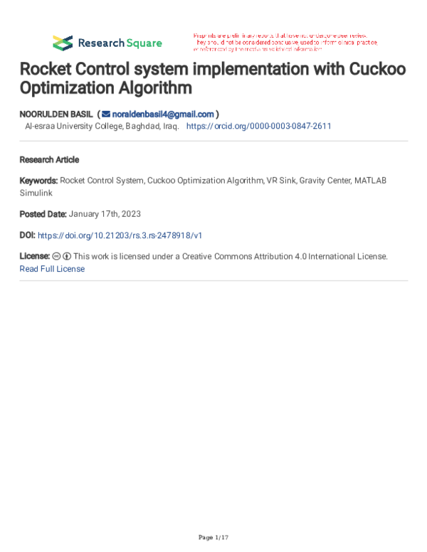 Pdf Rocket Control System Implementation With Cuckoo Optimization Algorithm