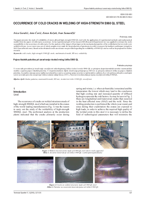 (PDF) Occurrence of cold cracks in welding of high-strength S960 QL steel