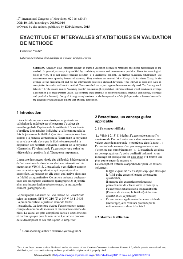Exactitude et intervalles statistiques en validation de méthode