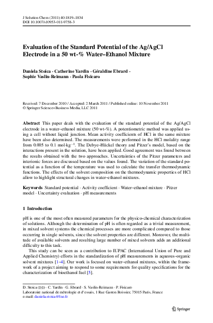 (PDF) Evaluation of the Standard Potential of the Ag/AgCl Electrode in ...