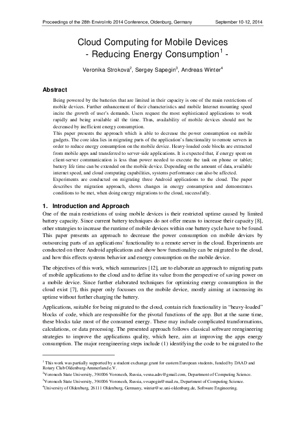 (PDF) Cloud Computing for Mobile Devices - Reducing Energy Consumption
