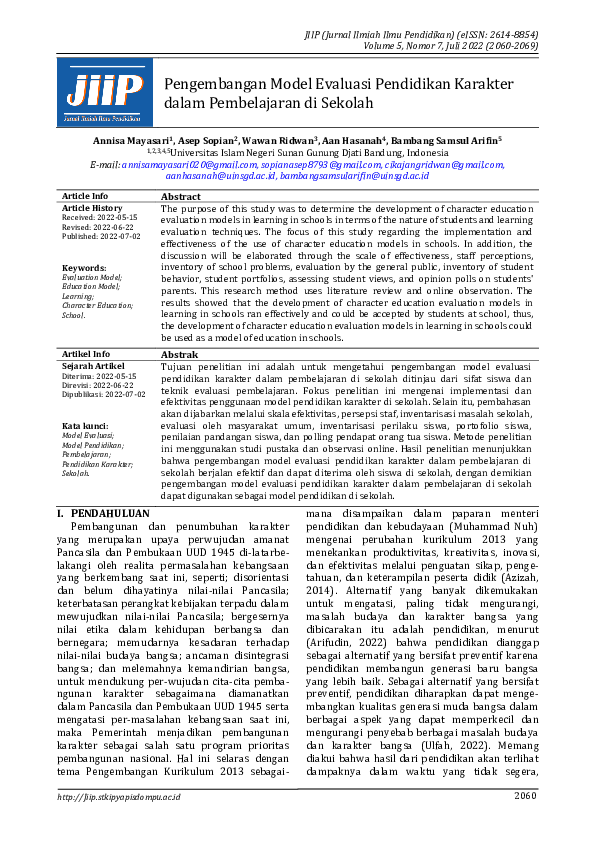 (PDF) Pengembangan Model Evaluasi Pendidikan Karakter dalam Pembelajaran di Sekolah