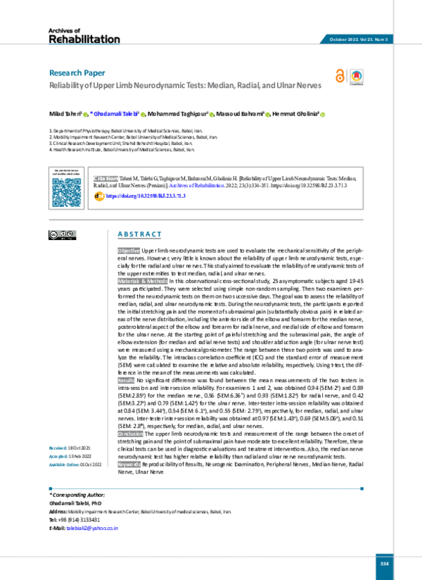 (PDF) Reliability of Upper Limb Neurodynamic Tests: Median, Radial, and ...