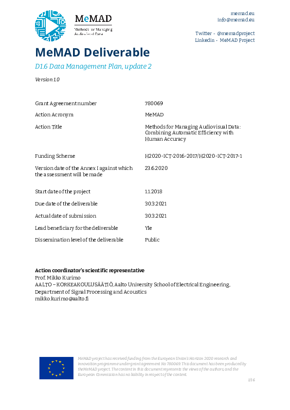 (PDF) D1.6 MeMAD Data Management Plan, update 2