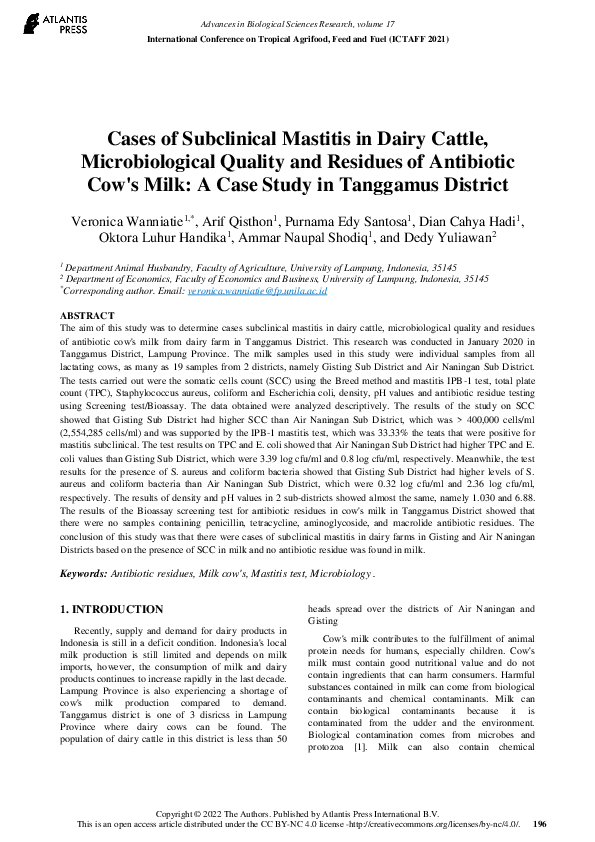 (PDF) Cases of Subclinical Mastitis in Dairy Cattle, Microbiological Quality and Residues of ...