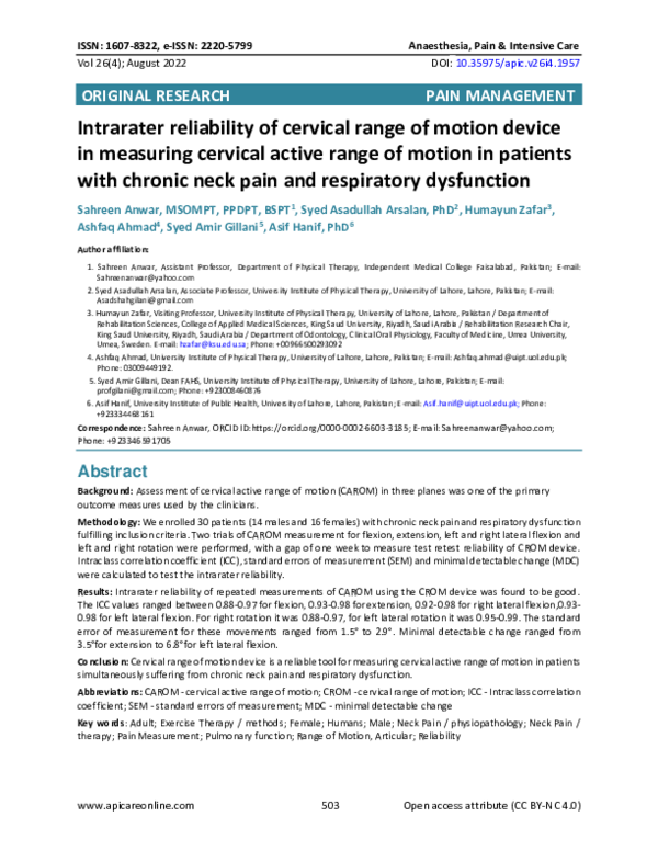 (PDF) Intrarater reliability of cervical range of motion device in ...