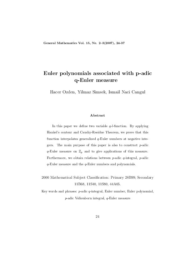(PDF) Euler polynomials associated with p-adic q-Euler measure