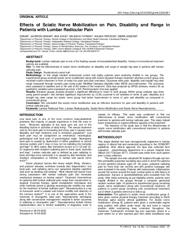 (PDF) Effects of Sciatic Nerve Mobilization on Pain, Disability and ...