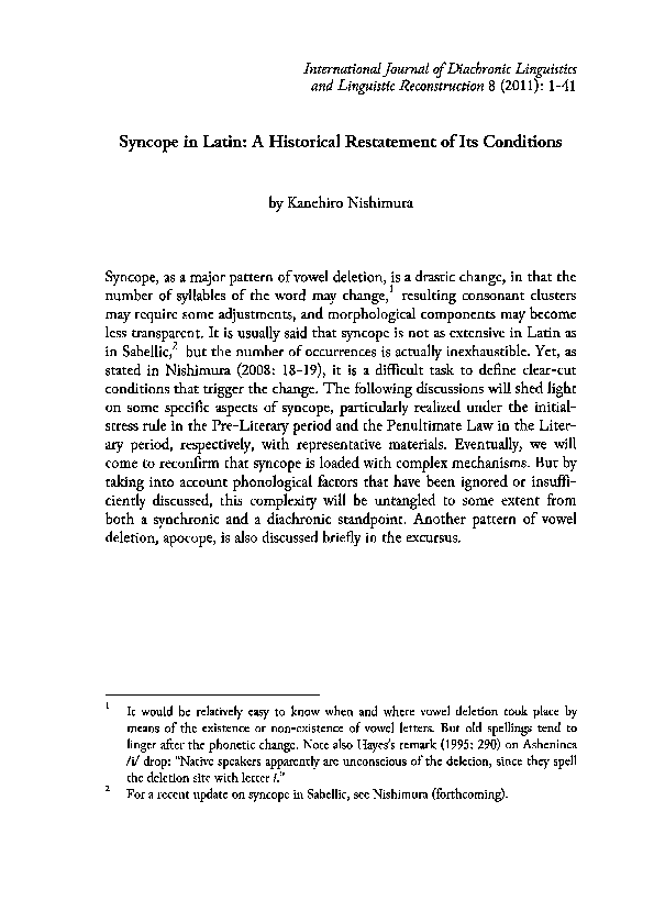 (PDF) Syncope in Latin: A historical restatement of its conditions