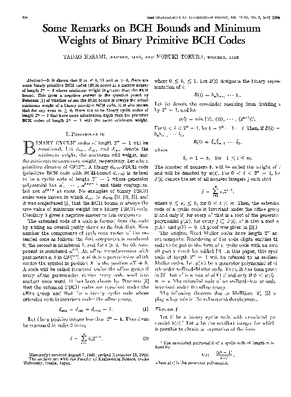 (PDF) Some Remarks on BCH Bounds and Minimum Weights of Binary ...
