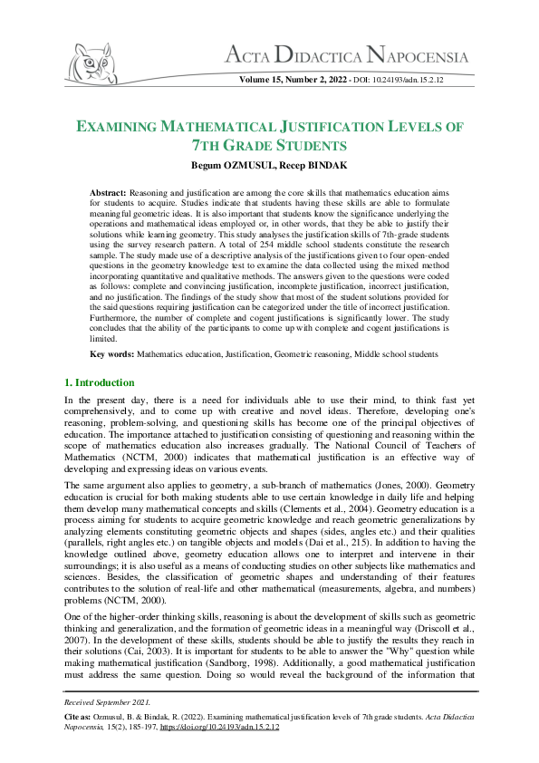 (PDF) EXAMINING MATHEMATICAL JUSTIFICATION LEVELS OF 7TH GRADE STUDENTS