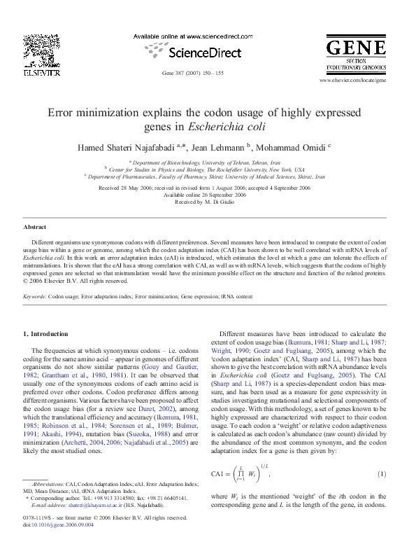(PDF) Error minimization explains the codon usage of highly expressed ...