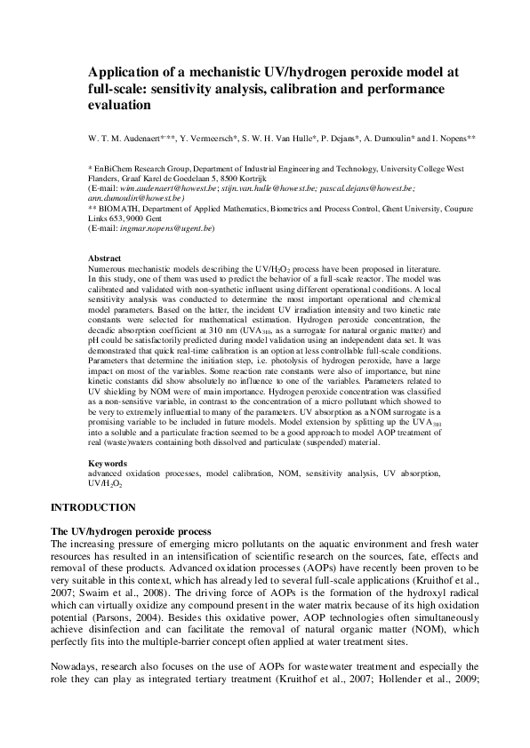 (PDF) Application of a mechanistic UV/hydrogen peroxide model at full-scale: Sensitivity ...