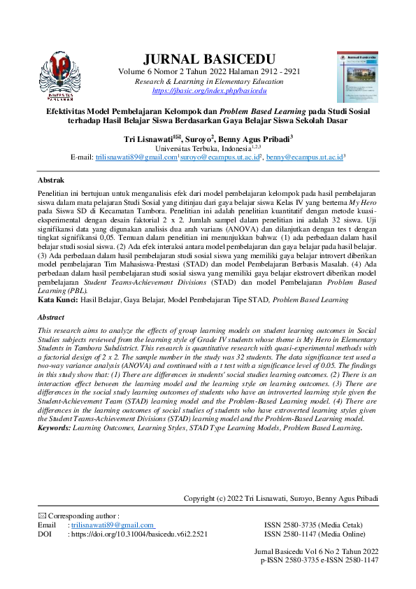 (PDF) Efektivitas Model Pembelajaran Kelompok dan Problem Based Learning pada Studi Sosial ...