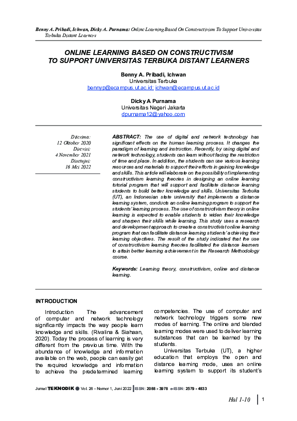 (PDF) Online Learning Based on Constructivism to Support Universitas Terbuka Distant Learners