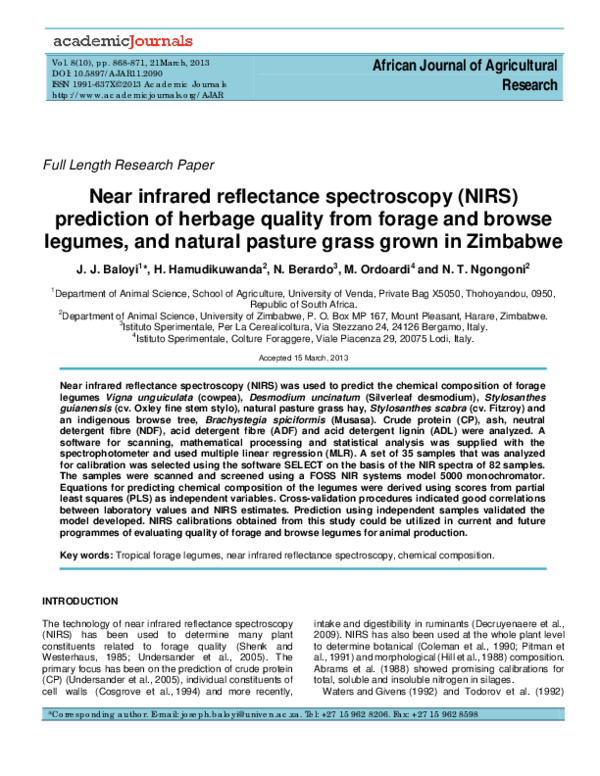 (PDF) Near infrared reflectance spectroscopy (NIRS) prediction of herbage quality from forage ...