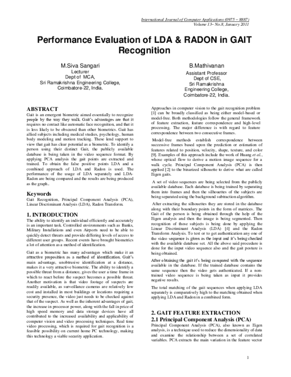 Pdf Performance Evaluation Of Lda And Radon In Gait Recognition Siva Sangari M Cs076
