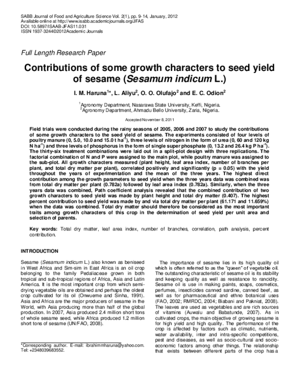 (PDF) Contributions of some growth characters to seed yield of sesame ...