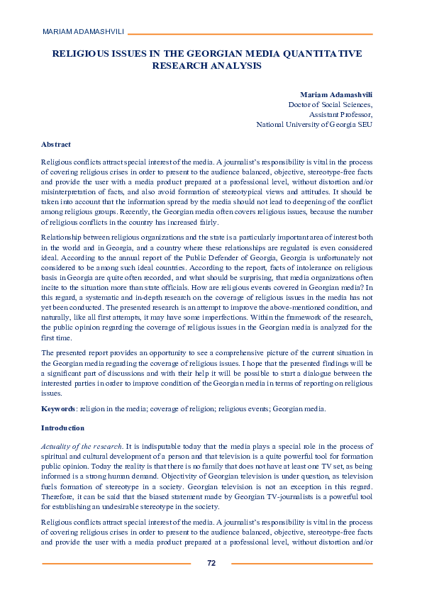 (PDF) Religious Issues in the Georgian Media Quantitative Research Analysis