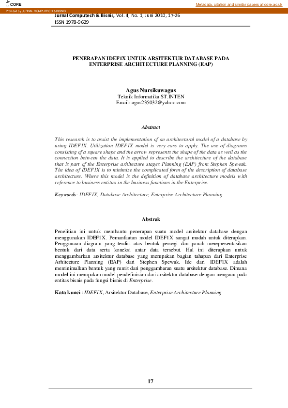 (PDF) Penerapan IDEF1X Untuk Arsitektur Database Pada Enterprise Architecture Planning (Eap)
