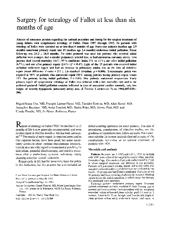 (PDF) Surgery for tetralogy of Fallot at less than six months of age*Is palliation “old-fashioned”?