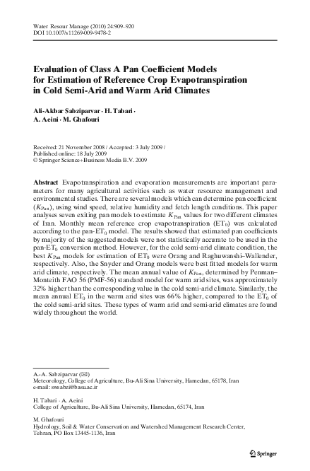 (PDF) Evaluation of Class A Pan Coefficient Models for Estimation of ...