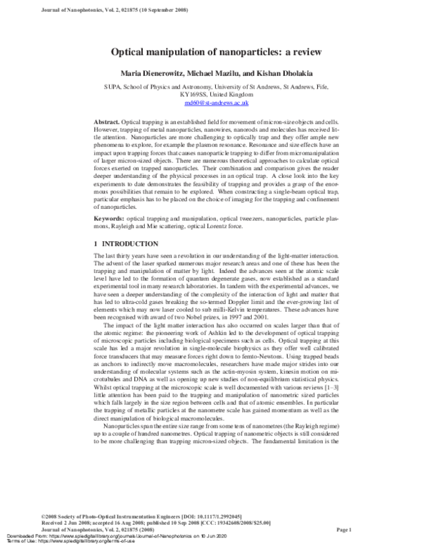 Pdf Optical Manipulation Of Nanoparticles A Review