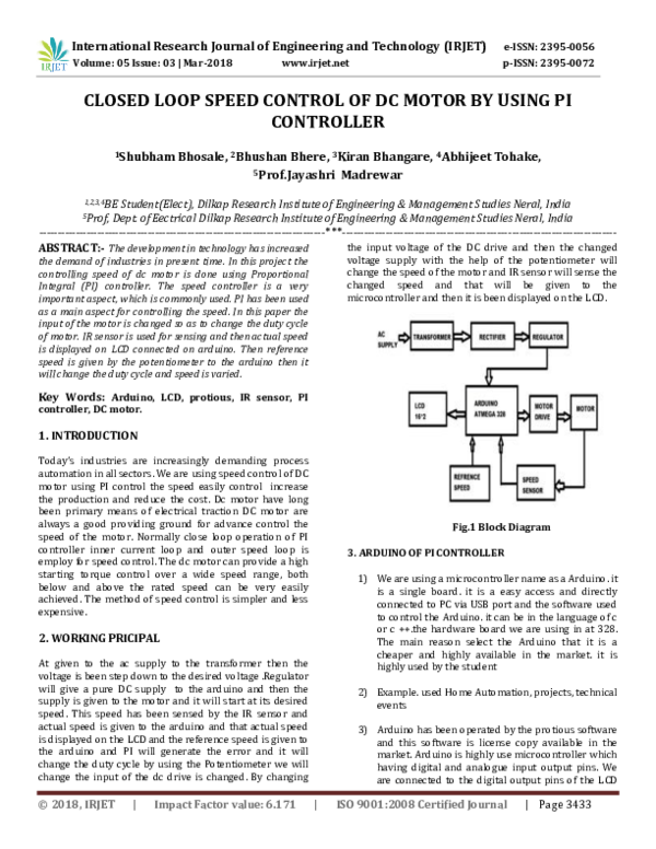 Pdf Closed Loop Speed Control Of Dc Motor By Using Pi Controller