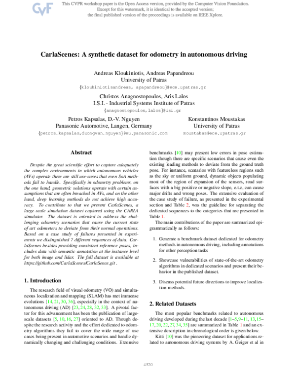 Pdf Carlascenes A Synthetic Dataset For Odometry In Autonomous Driving