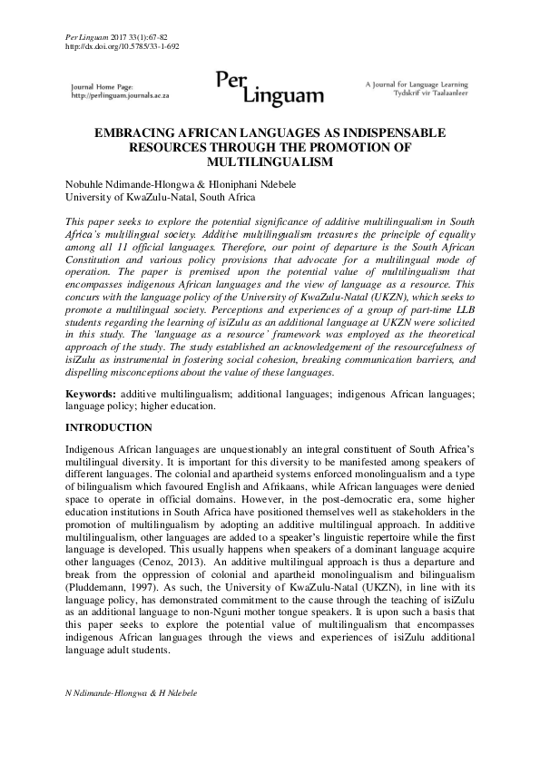 (PDF) Embracing African languages as indispensable resources through the promotion of ...