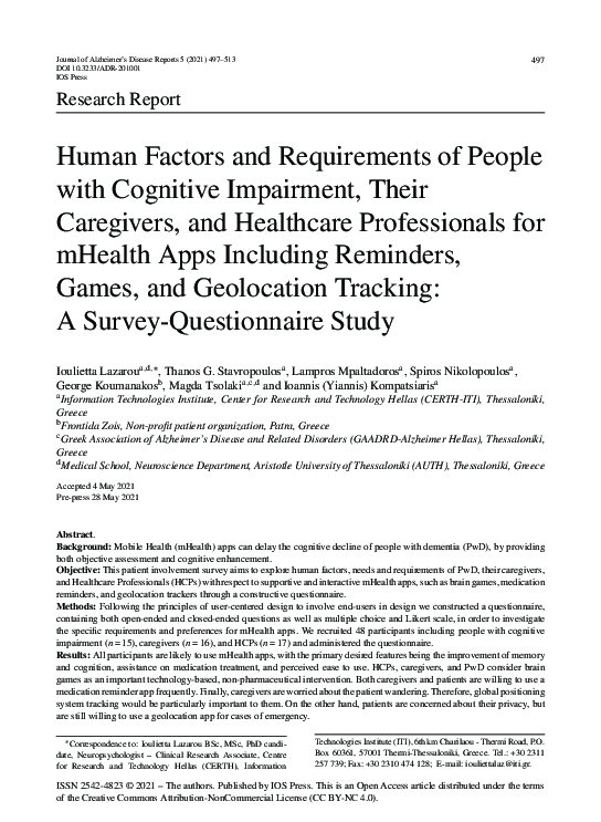 (PDF) Human Factors and Requirements of People with Cognitive Impairment, Their Caregivers, and ...