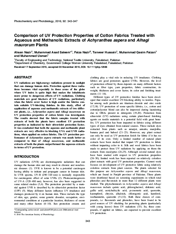 (PDF) Comparison of UV Protection Properties of Cotton Fabrics Treated with Aqueous and ...