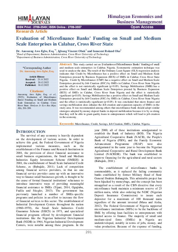 (PDF) Evaluation of Microfinance Banks' Funding on Small and Medium Scale Enterprises in Calabar ...