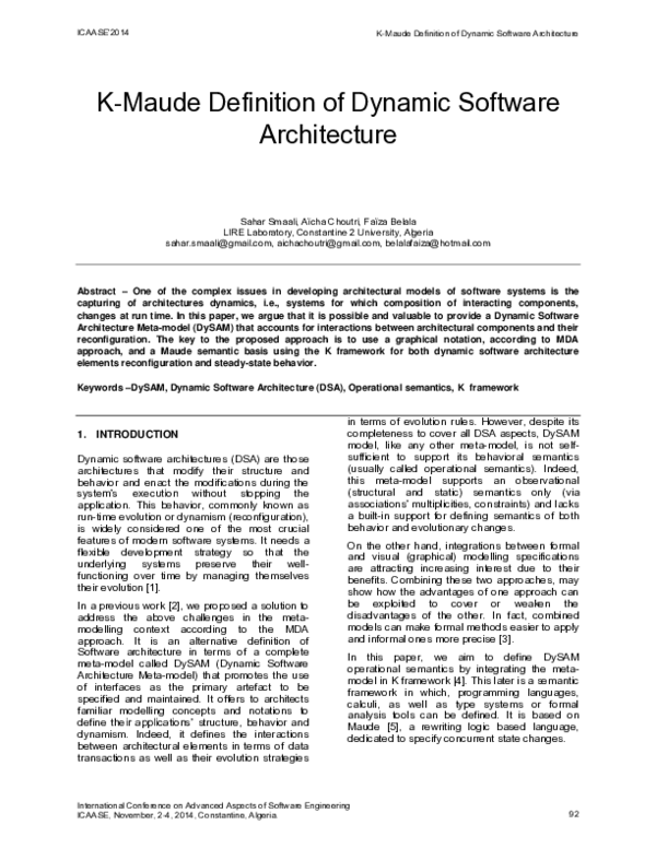 (PDF) K-Maude Definition of Dynamic Software Architecture | Aicha Choutri - Academia.edu