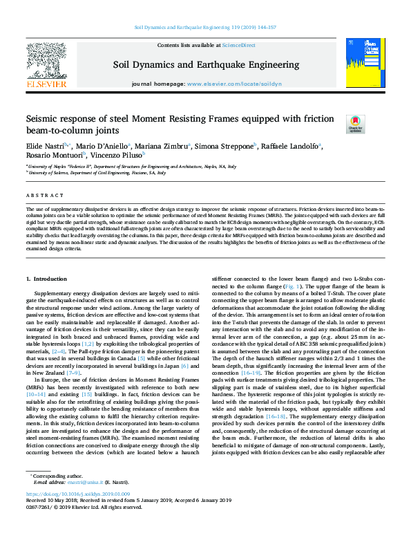 Pdf Seismic Response Of Steel Moment Resisting Frames Equipped With Friction Beam To Column Joints