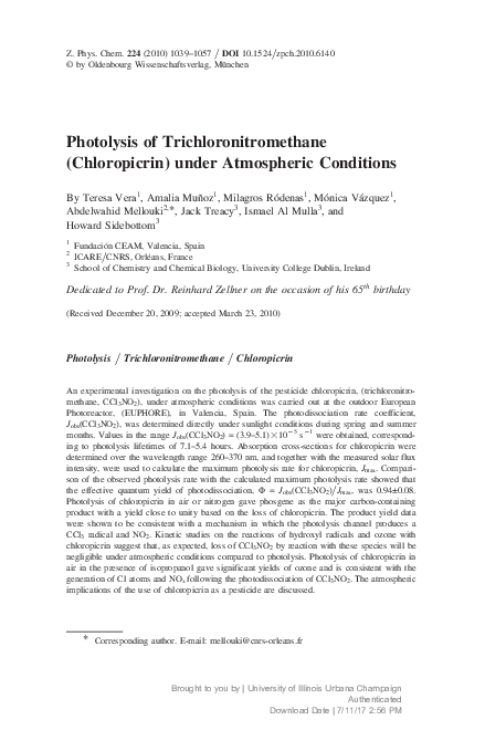 (PDF) Photolysis of Trichloronitromethane (Chloropicrin) under ...
