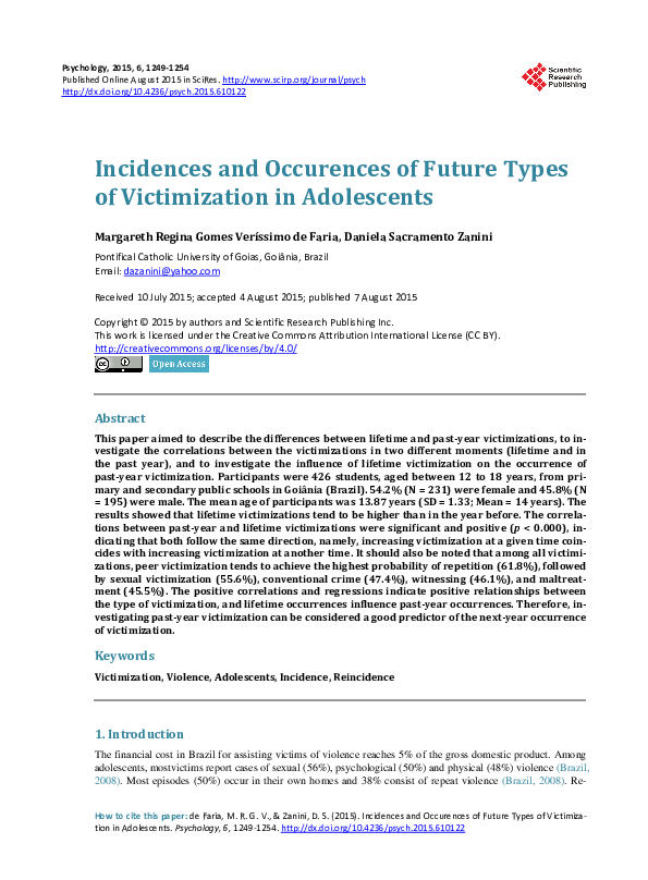Incidences And Occurences Of Future Types Of Victimization In Adolescents