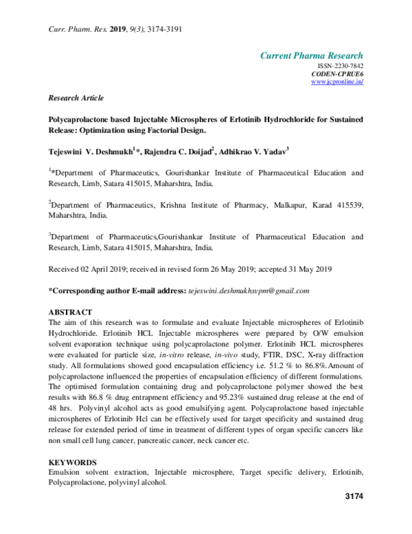 Pdf Polycaprolactone Based Injectable Microspheres Of Erlotinib Hydrochloride For Sustained