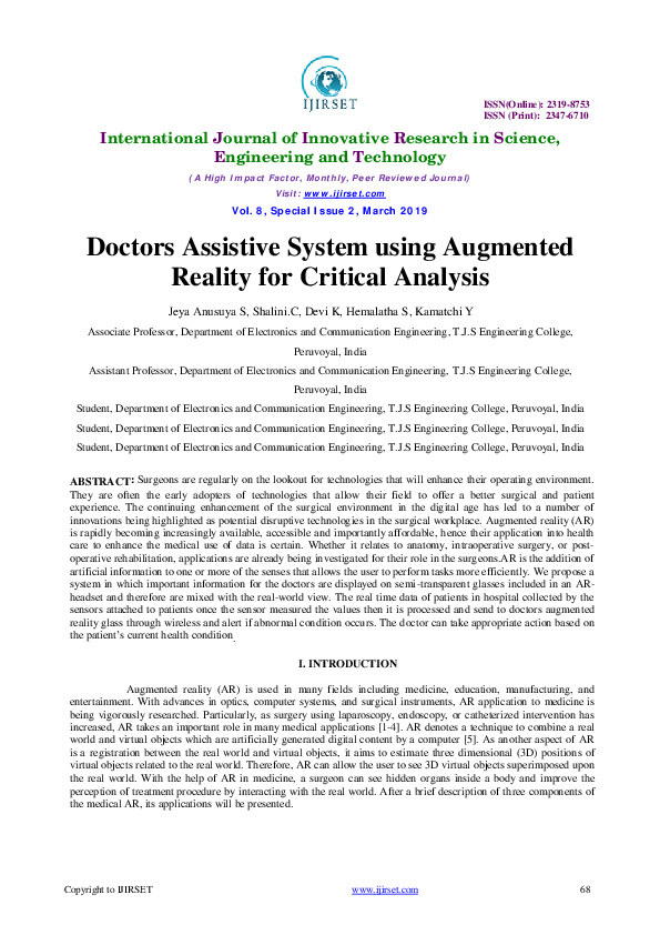 (PDF) Doctors Assistive System using Augmented Reality for Critical Analysis